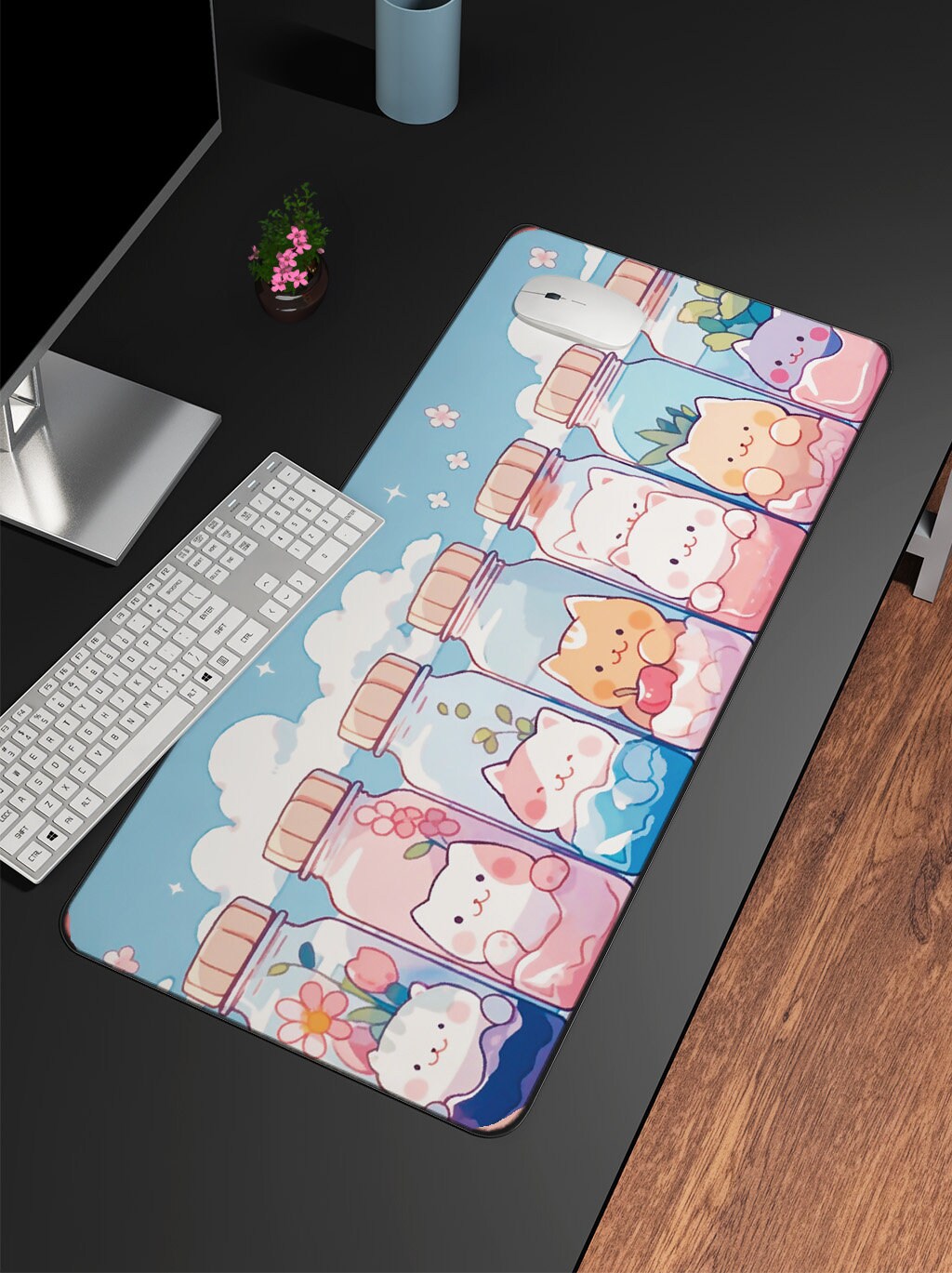 Kawaii Pastel Blue Desk Mat, Cute Cat Large Mouse Pad, Cute Kawaii, Cat ...