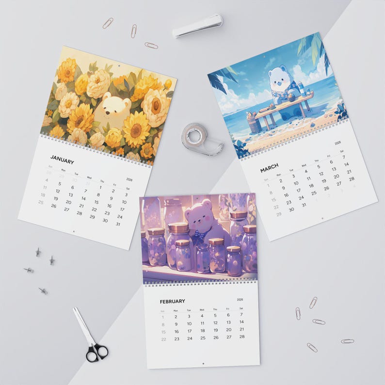 Kawaii Anime Bears Calendar 2026, Cute Kawaii Cartoon Animal Wall ...