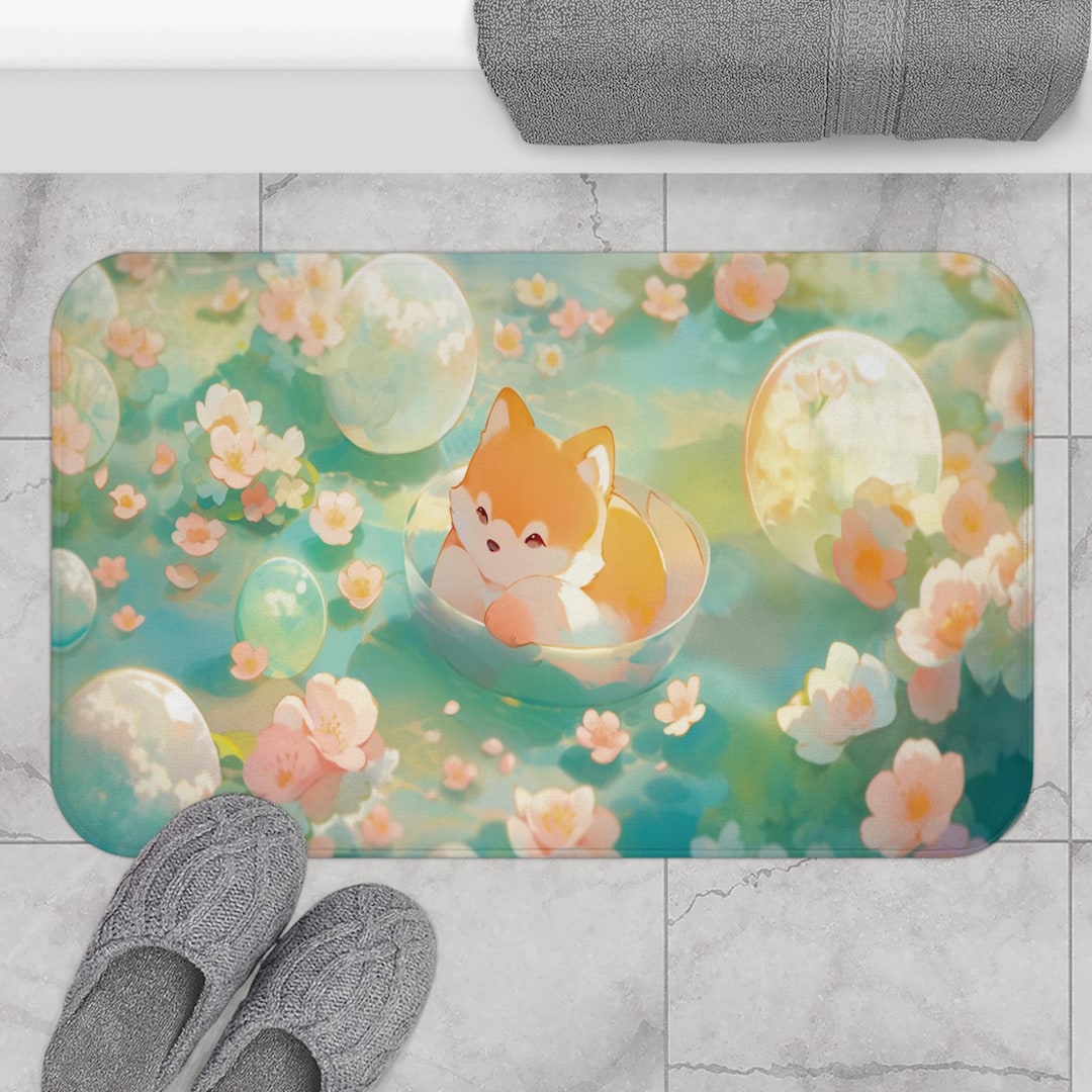Shiba Inu Bath Mat - Cute Green Pastel Design, Bathroom Rug, Dog Lover ...