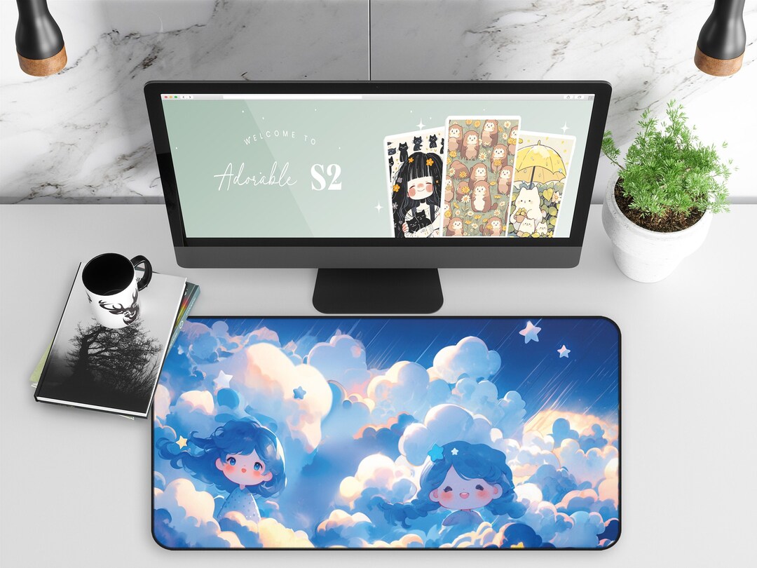 Blue Cloud Desk Mat: Anime Girl Keyboard Pad, Kawaii Gaming Decor - Etsy UK