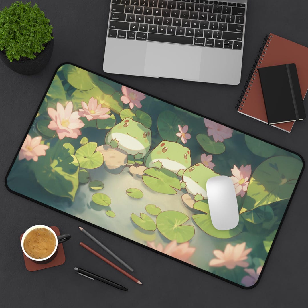 Desk Mat Cute Frogs at Lotus Pond, Kawaii Anime Style Mouse Pad, Cute ...