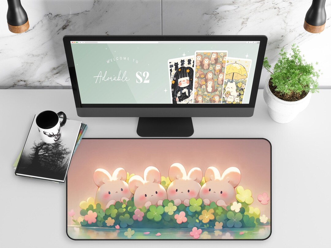 Kawaii Bunny Desk Mat, Cute Rabbits With 4 Leaf Clover, Gaming Mouse ...