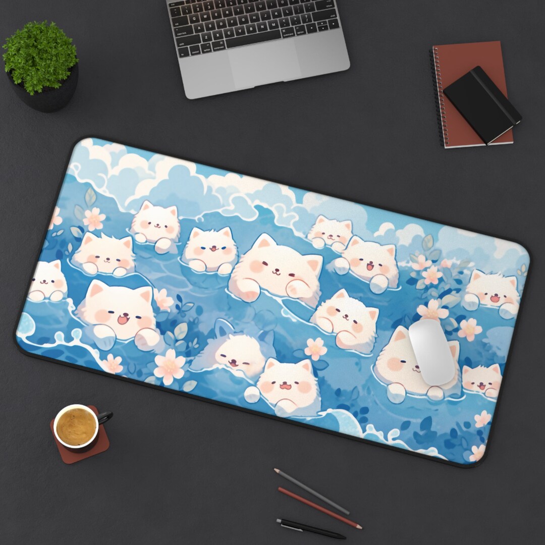 Kawaii Cats Desk Mat, Desk Mat Aesthetic, Blue Pastel Color Mouse Pad ...
