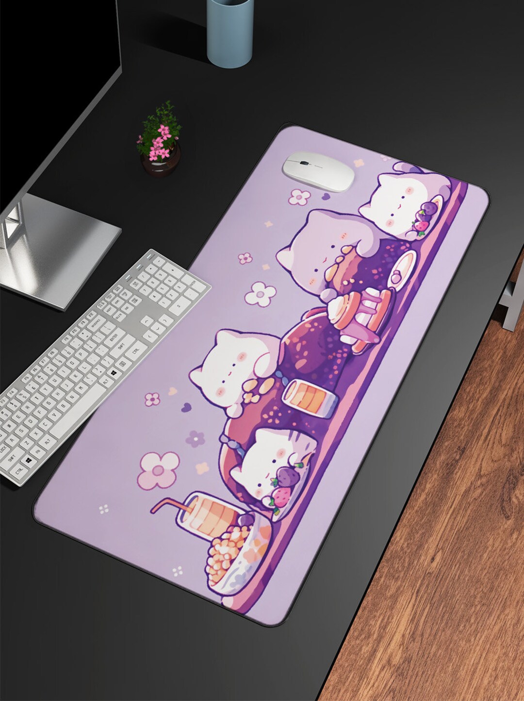Cute Animal Desk Mat, Kawaii Cat Large Mouse Pad, Pastel Purple Mouse ...