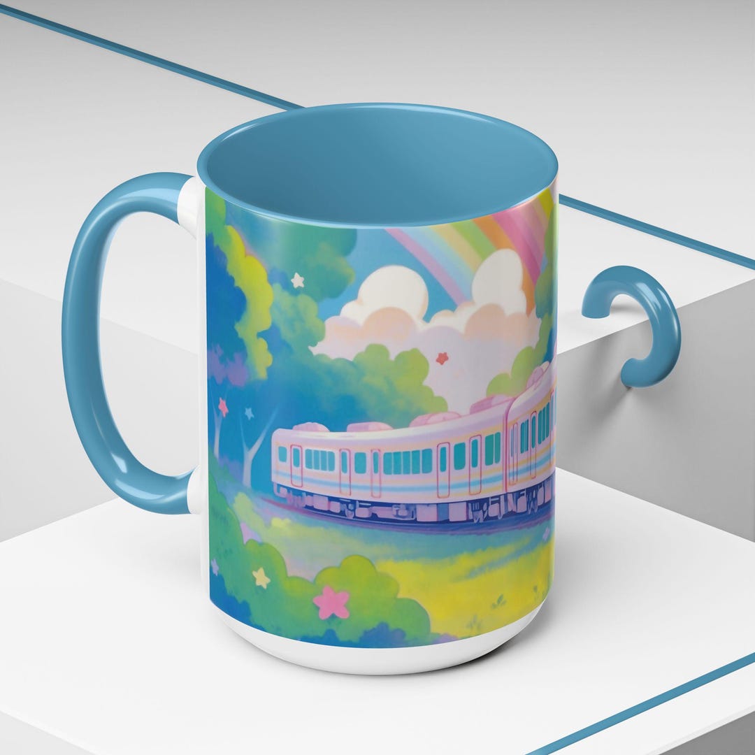 Kawaii Rainbow Train Ceramic Mug, Cute Pastel Landscape Coffee Cup ...