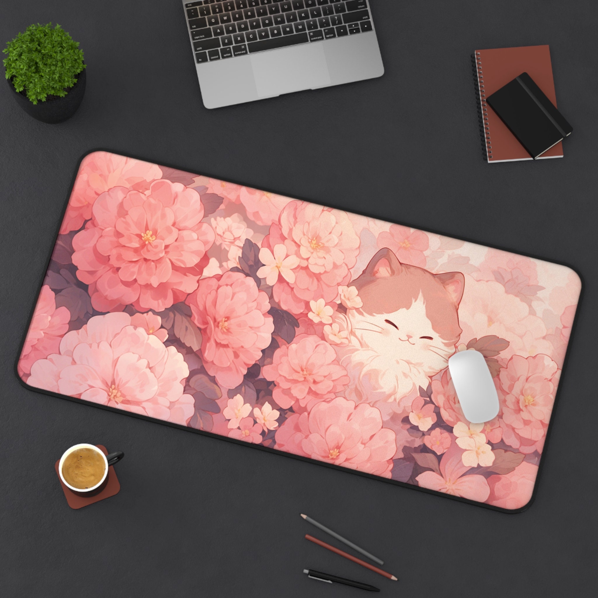 Cute Gaming Mousepad, Kawaii Large Desk Mat, Cat With Camellia Mouse ...
