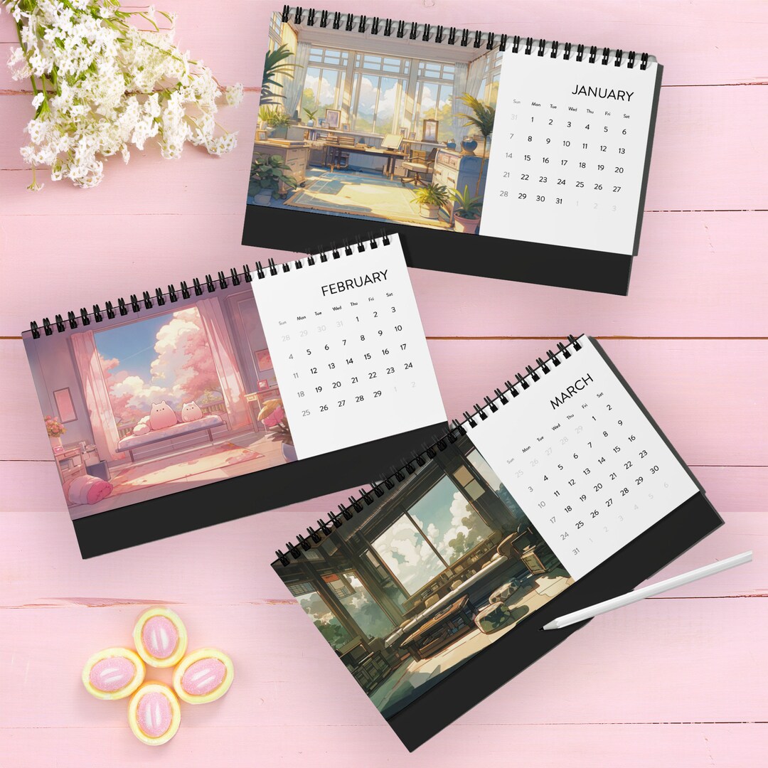 Kawaii Anime Landscape Desk Calendar, Lofi Room Desk Calendar, Cute ...