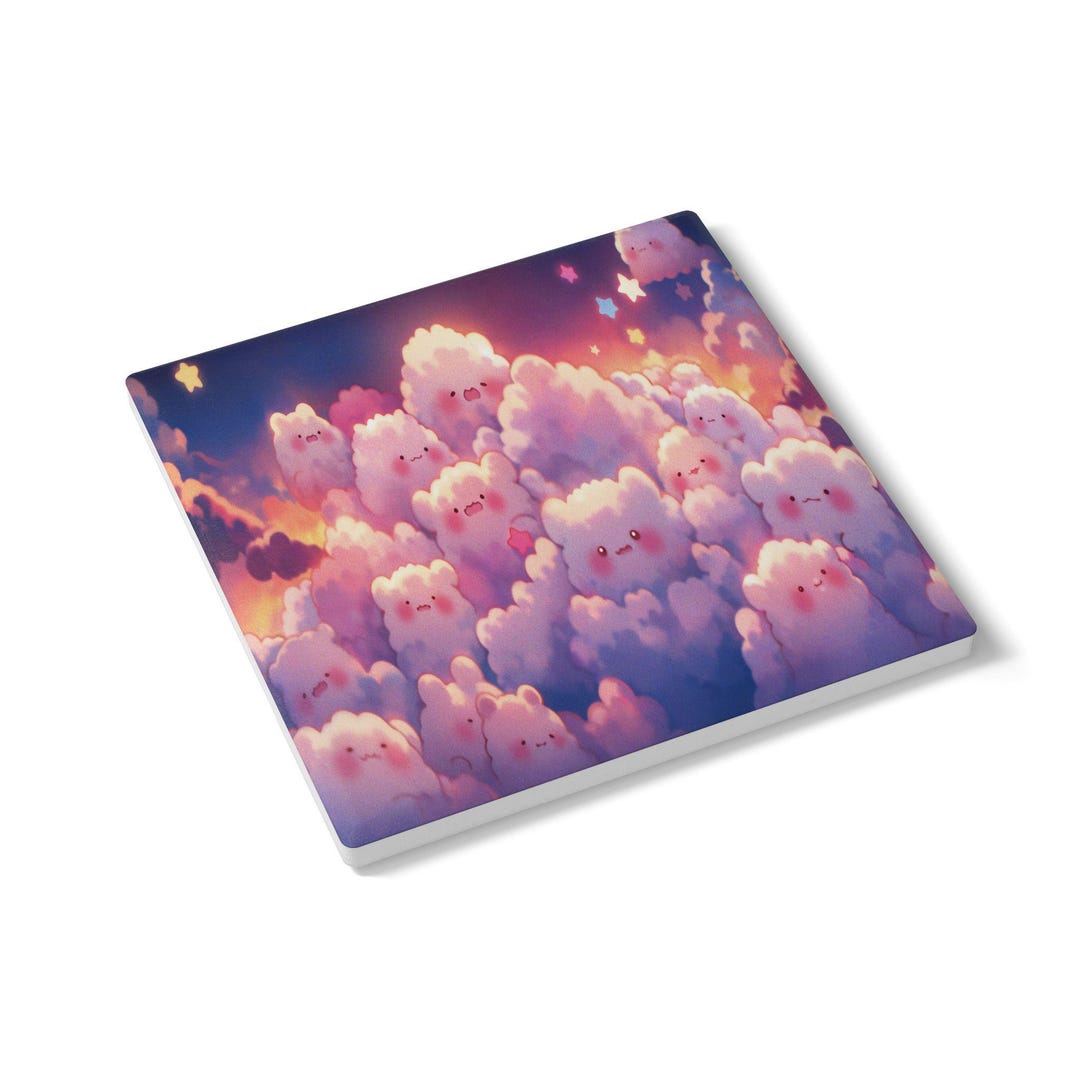 Kawaii Cloud Bear Ceramic Coaster, Cute Fluffy Sky Design, Pastel ...