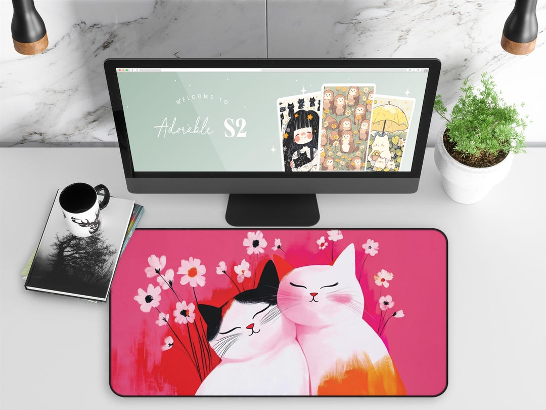 Cute Desk Mat, Kawaii Cat Pink, Simple Drawing Style, Cute Office Decor ...