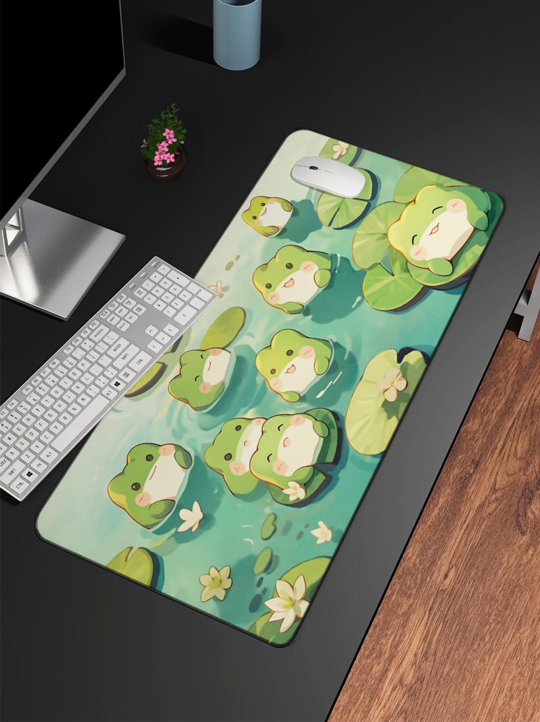 Kawaii Frogs Desk Mat, Desk Mat Aesthetic, Green Pastel Color Mouse Pad ...