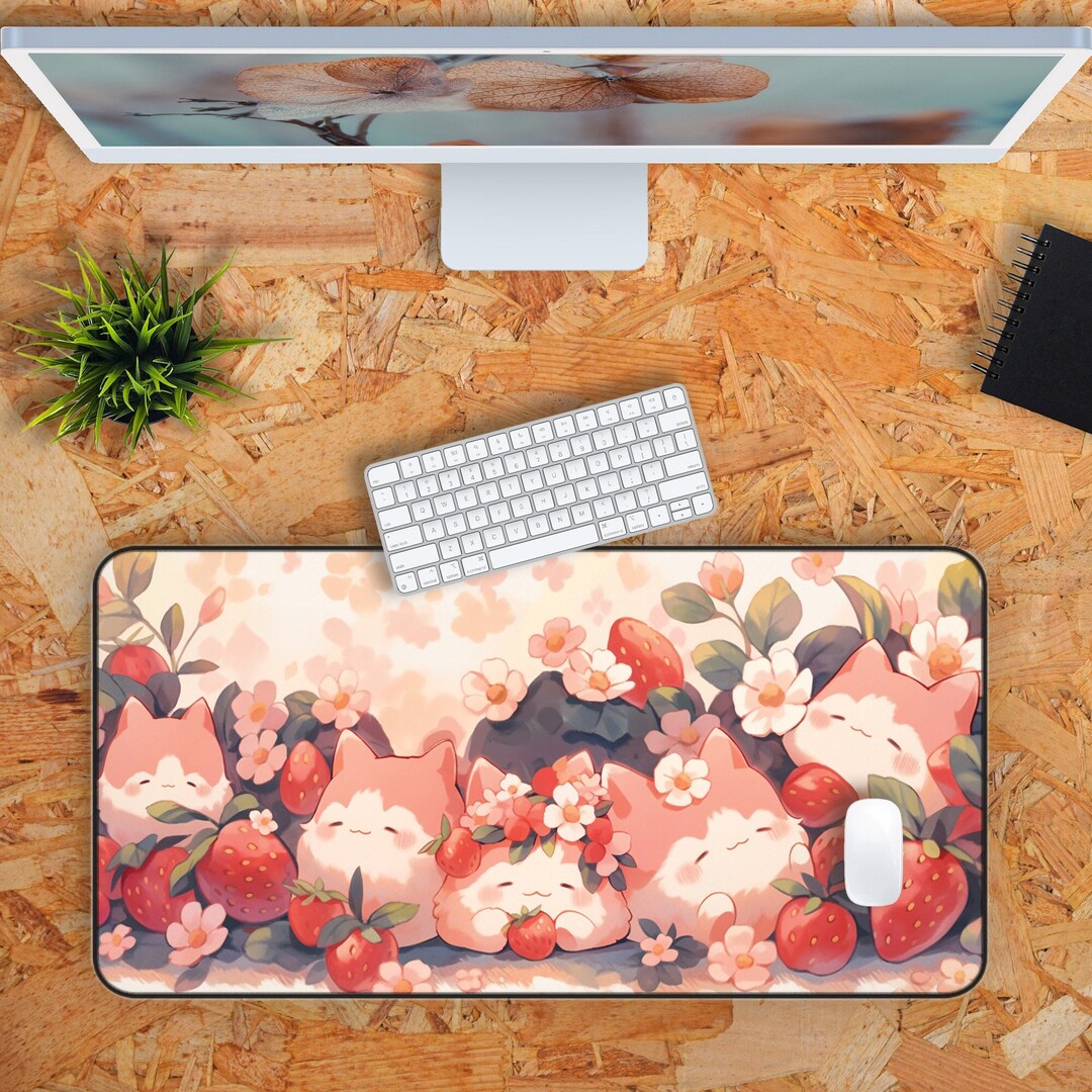 Cute Cat Desk Mat, Kawaii Cat Desk Mat Gift, Cats With Strawberries ...