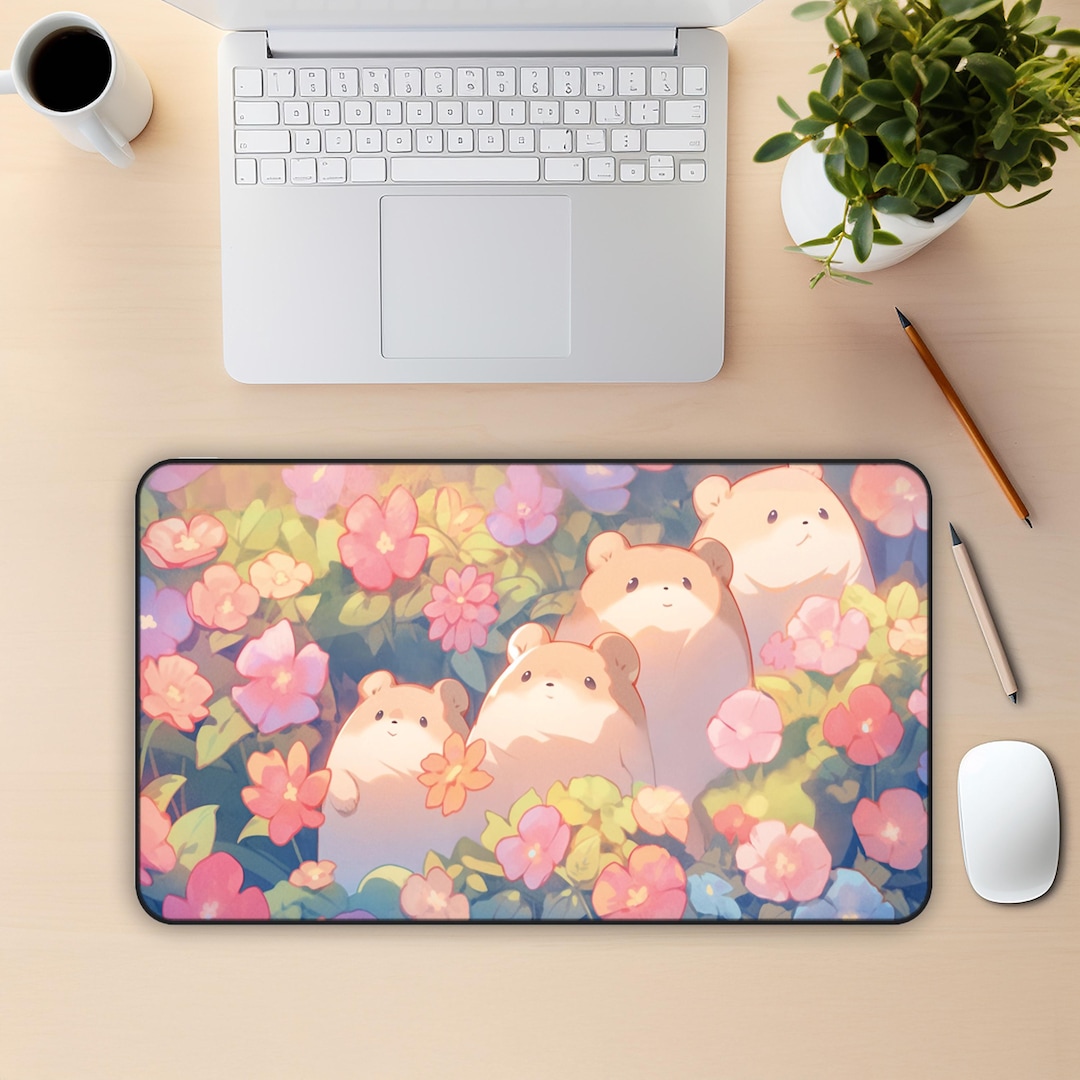Kawaii Desk Mat, Kawaii Anime Animal Flowers Pastel Design, Cute Mouse ...