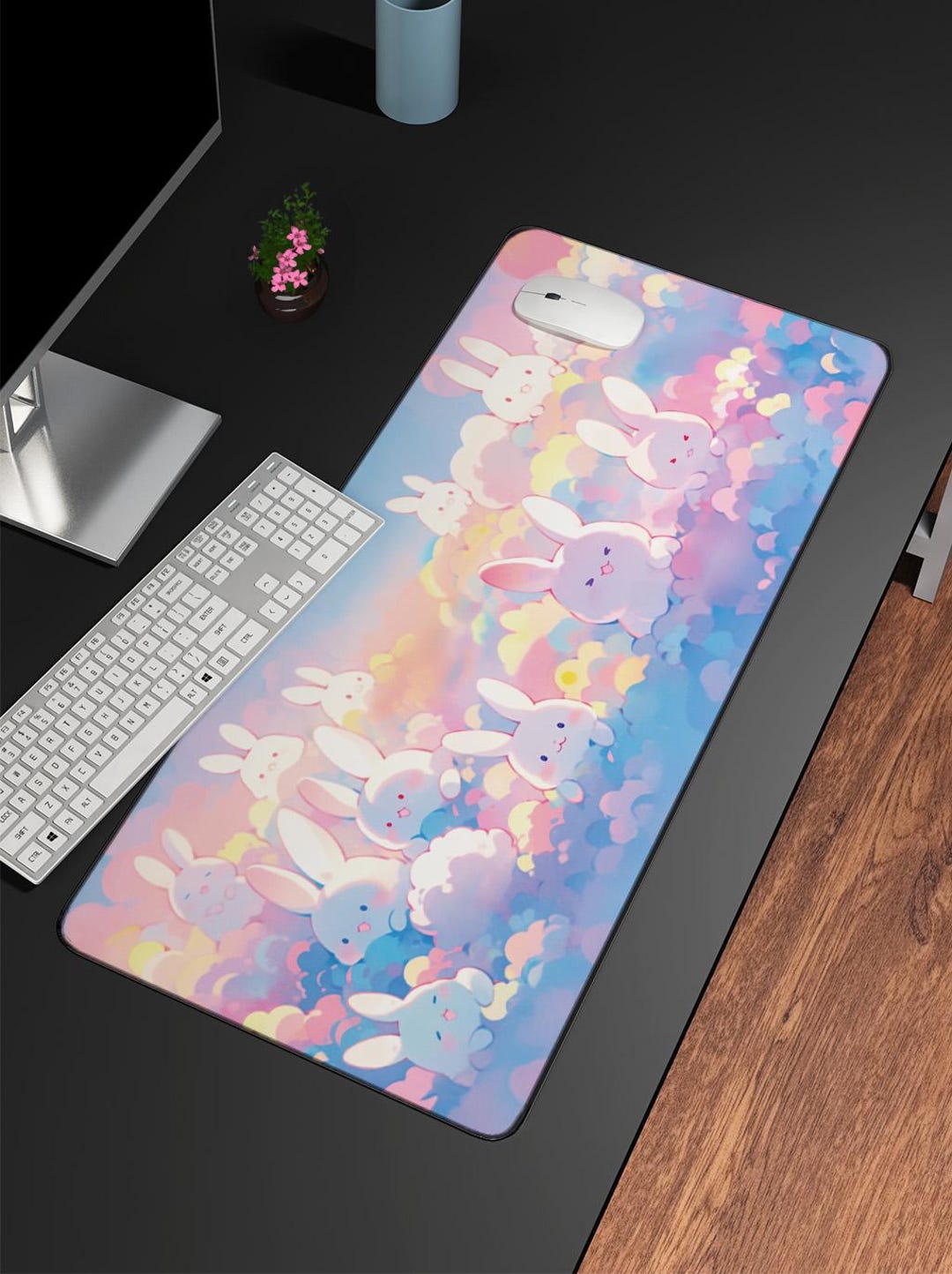 Cute Pink Pastel Bunny Clouds Desk Mat, Pink Desk Mat, Cute Desk Mat ...