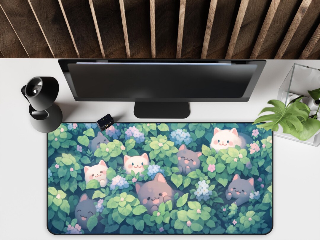 Desk Mat With Kawaii Cats and Plants, Cute Mouse Pad, Animal Lover Gift ...