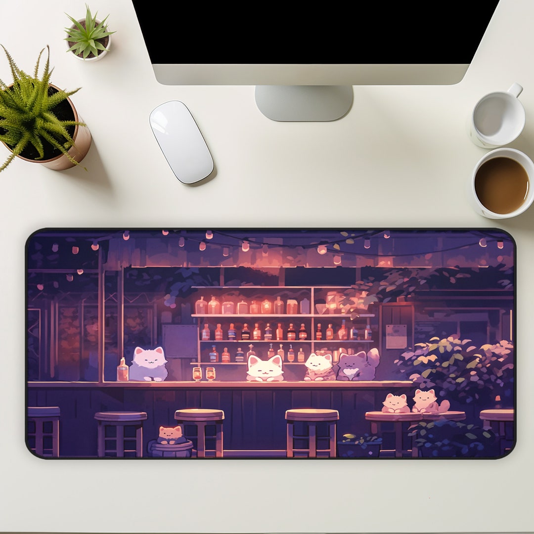 Kawaii Gaming Desk Mat, Cute Kawaii Anime Cats Chilling at Bar, Cute ...