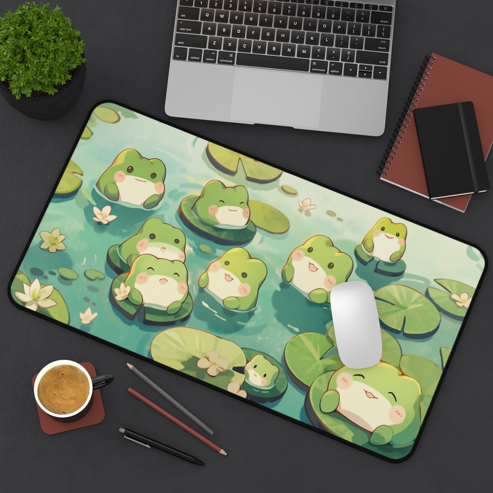 Kawaii Frogs Desk Mat, Desk Mat Aesthetic, Green Pastel Color Mouse Pad ...