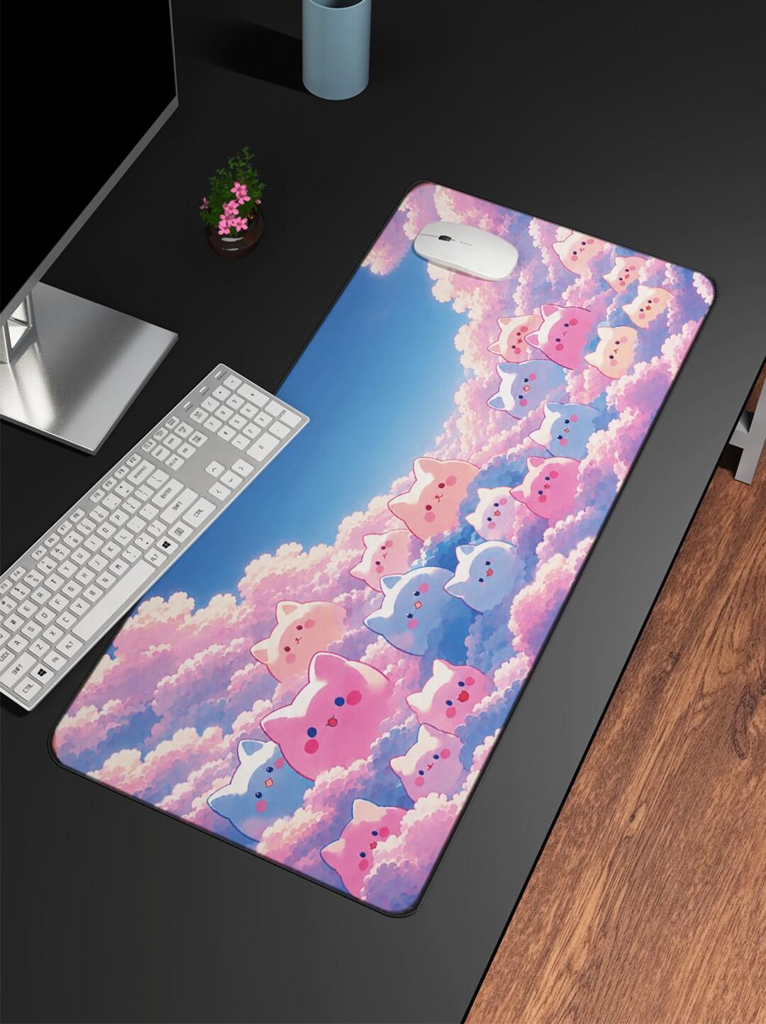Desk Mat, Kawaii Anime Cats Pink Blue Clouds, Mouse Pad, Office Desk ...
