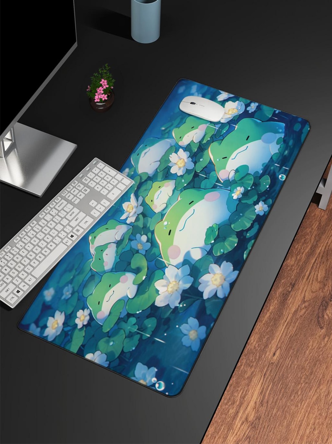Frog Desk Mat, Cute Frogs in Rain, Anime Mouse Pad, Cute Desk Office ...