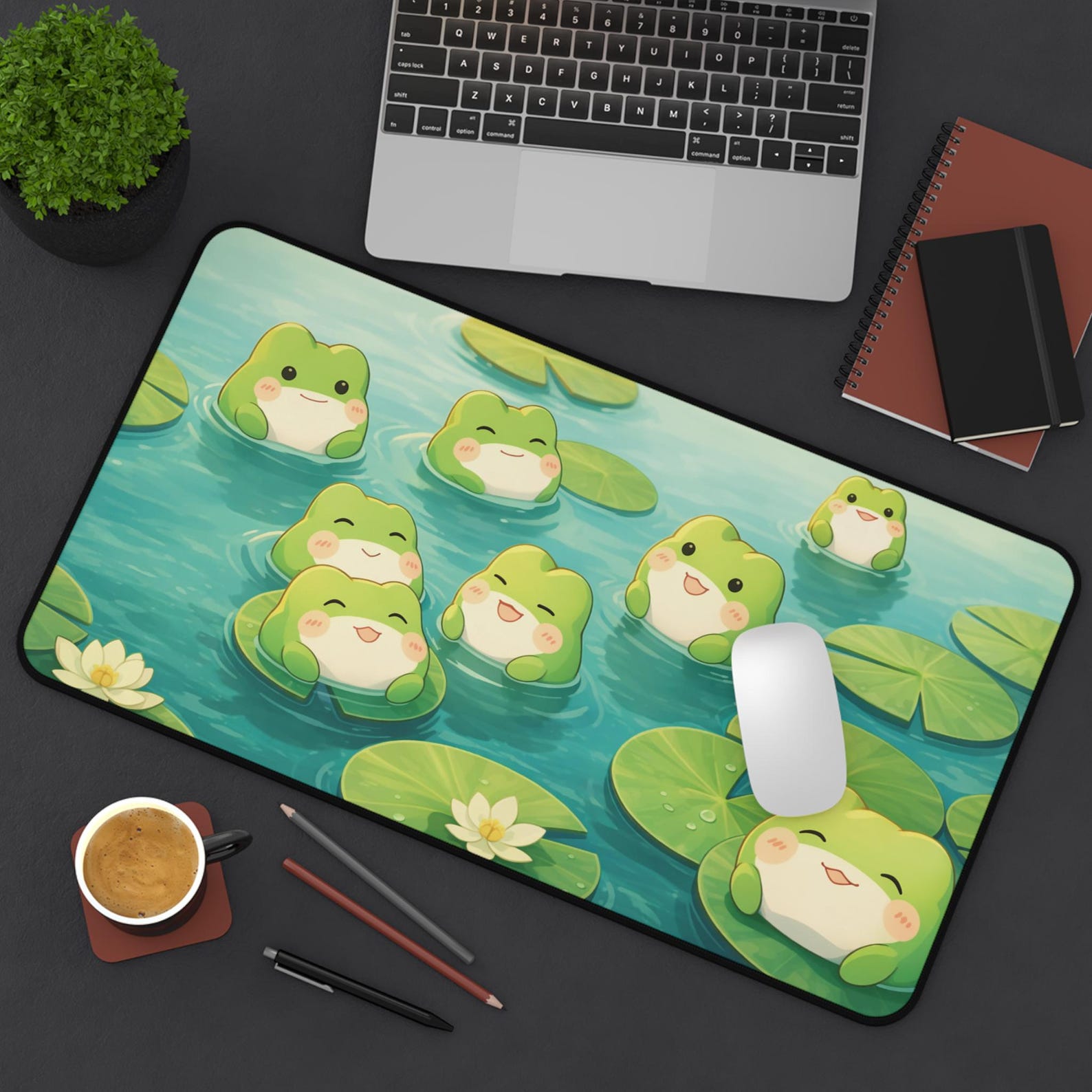 Kawaii Frogs Desk Mat, Desk Mat Aesthetic, Green Pastel Color Mouse Pad ...