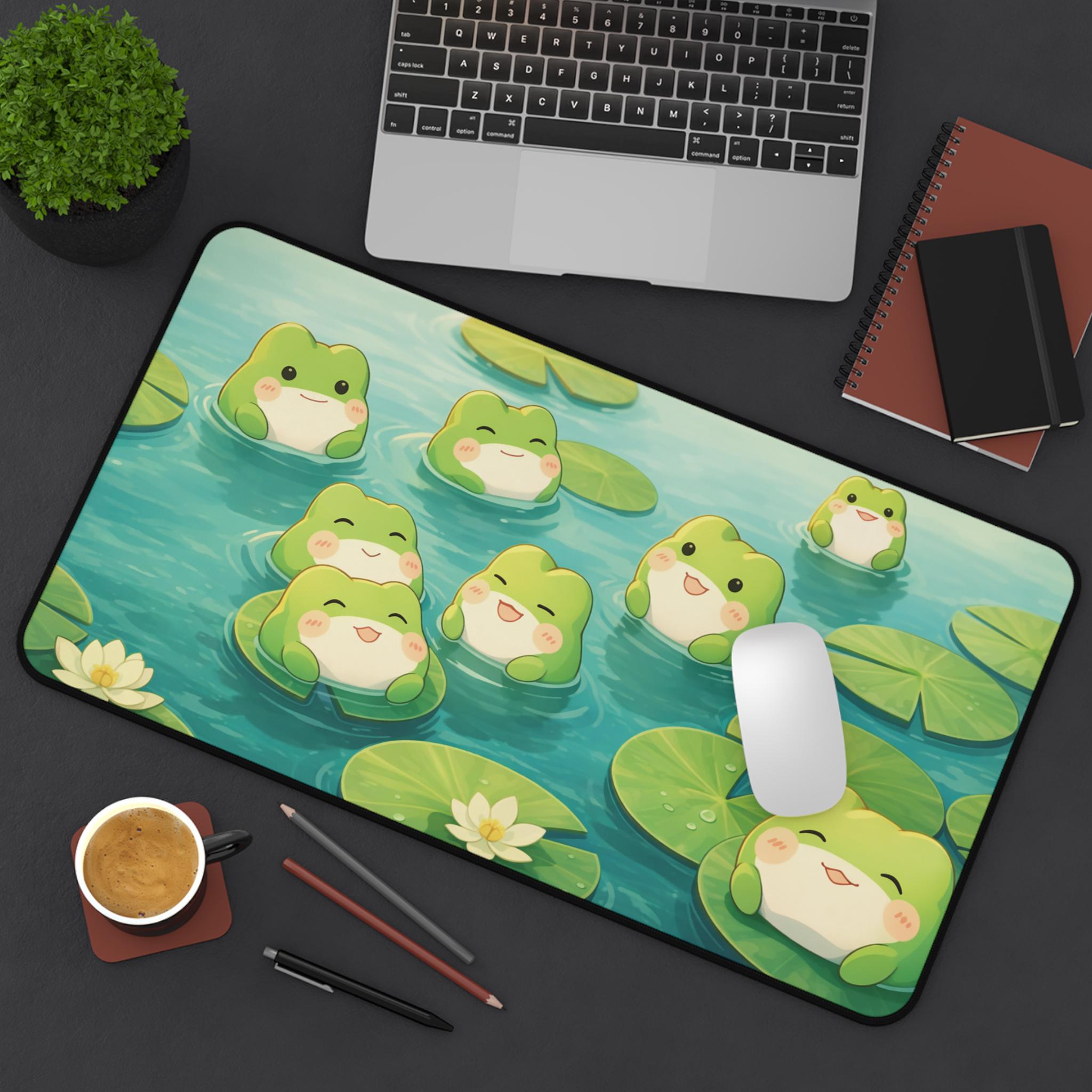 Kawaii Frogs Desk Mat, Desk Mat Aesthetic, Green Pastel Color Mouse Pad ...