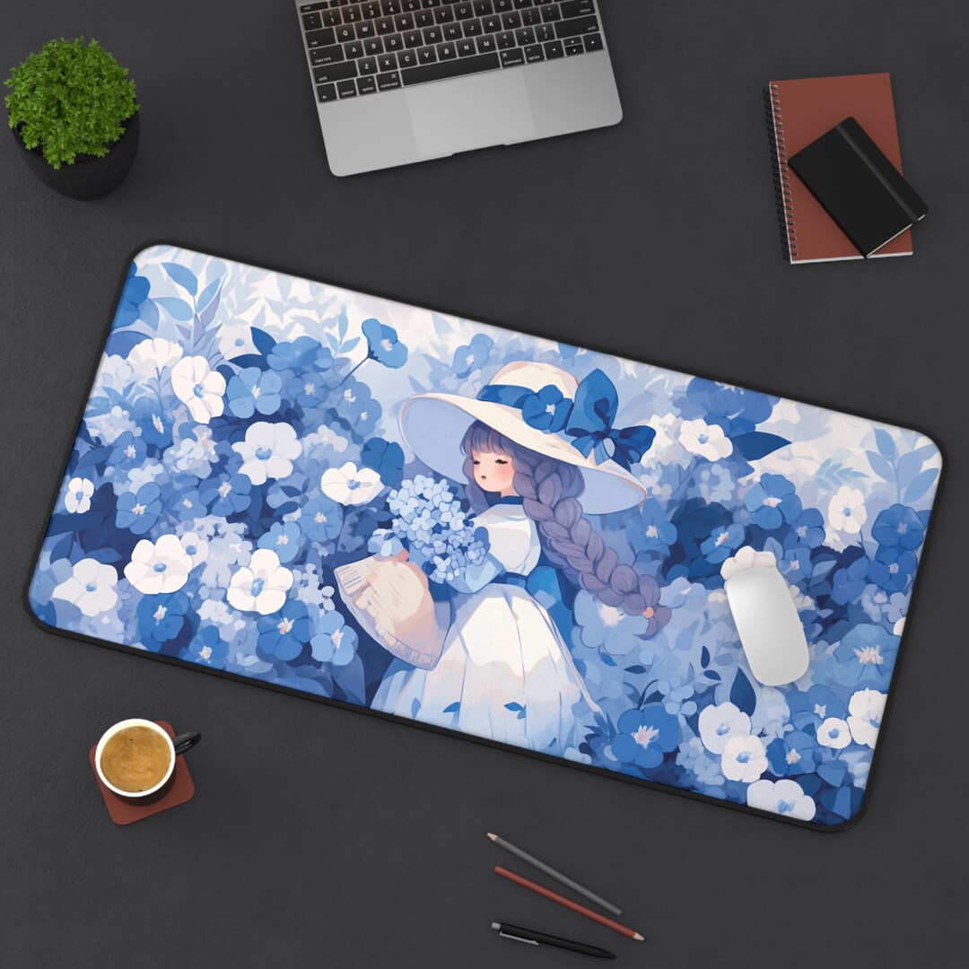 Anime Desk Mat, Anime Girl Desk Mat, Floral Girl Desk Pad, Blue Anime ...