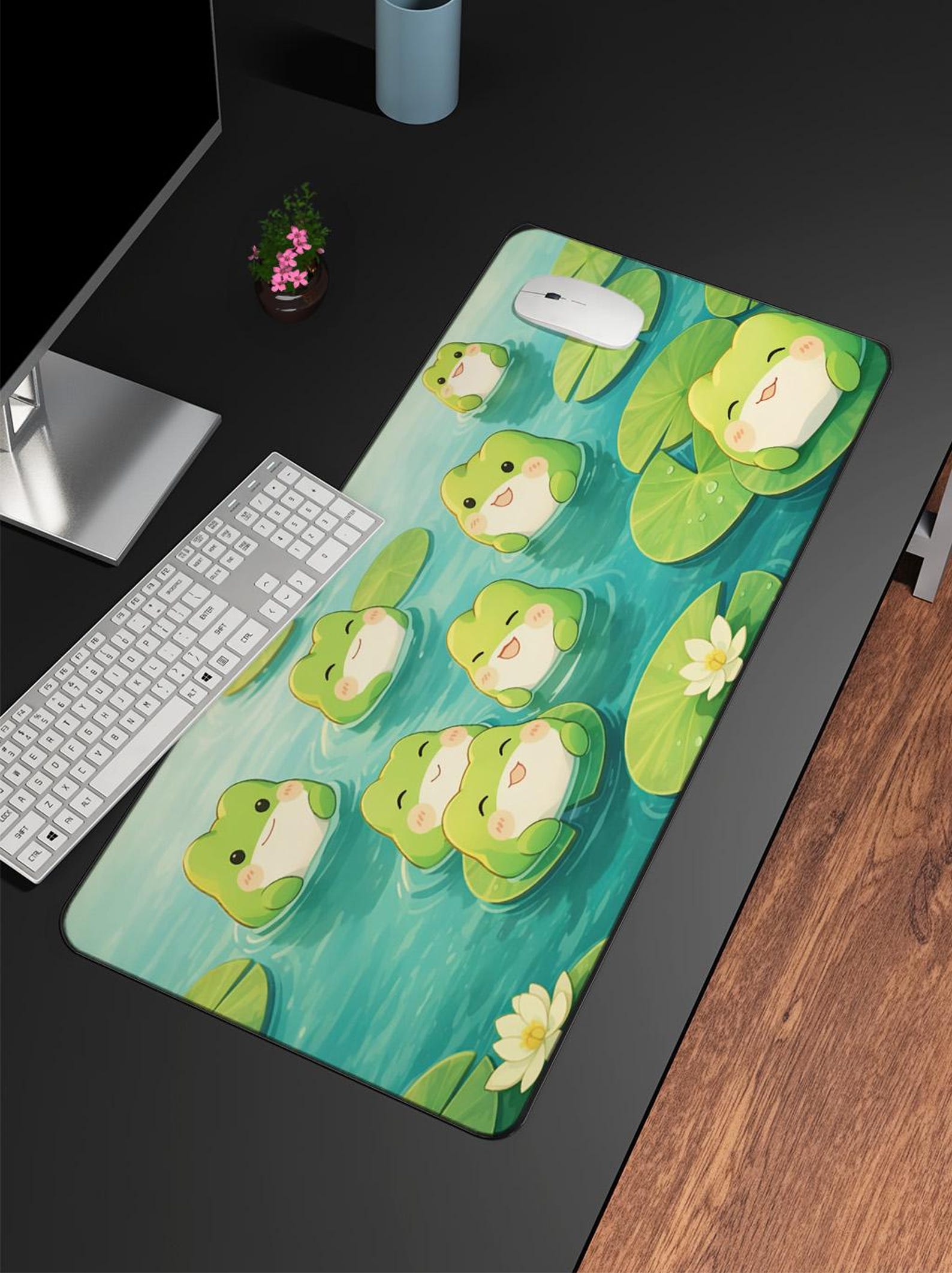 Kawaii Frogs Desk Mat, Desk Mat Aesthetic, Green Pastel Color Mouse Pad ...