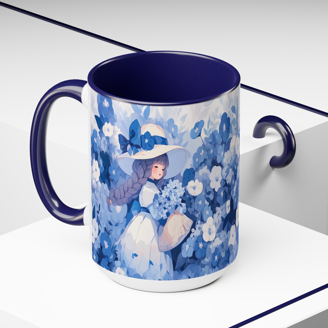 Anime Girl Mug: Kawaii Blue Floral 15oz Ceramic Mug - Etsy
