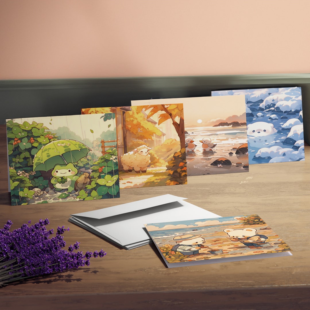 Kawaii Animals Greeting Cards Set of 5, Cute Greeting Cards, Cute Cards ...