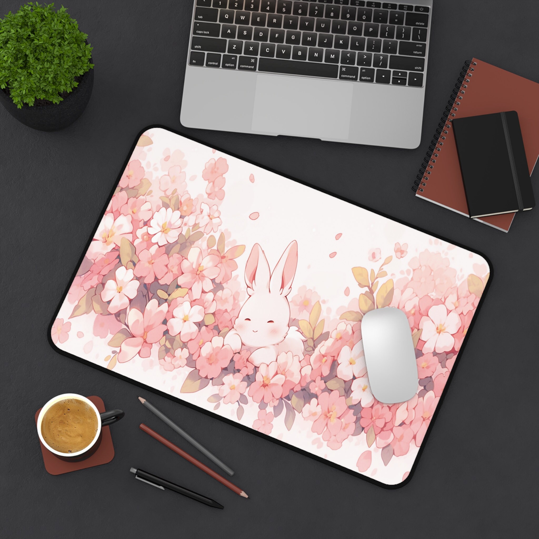 Kawaii Bunny Desk Mat, Cute Anime Bunny Rabbit With Cherry Blossoms ...