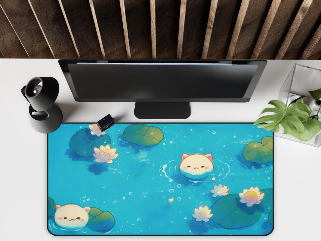 Kawaii Cat Pond Desk Mat, Cute Watercolor Lotus Lily Pad Mouse Pad ...