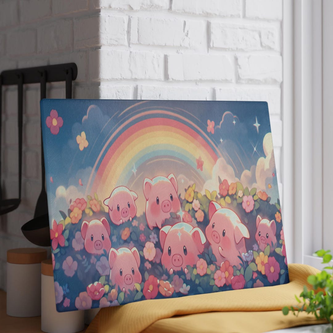 Cute Pig Glass Cutting Board, Kawaii Rainbow Kitchen Decor, Pink Piggy ...