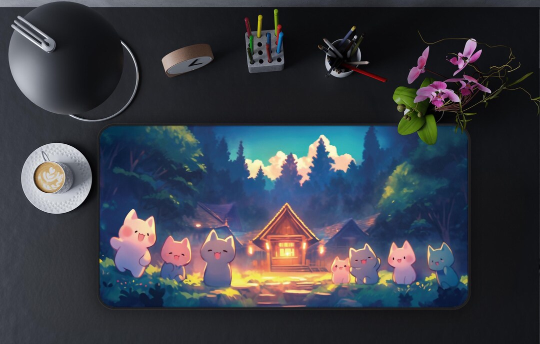 Cat Desk Mat, Cute Cat Desk Mat, Kawaii Night Cats Village, Office Desk ...