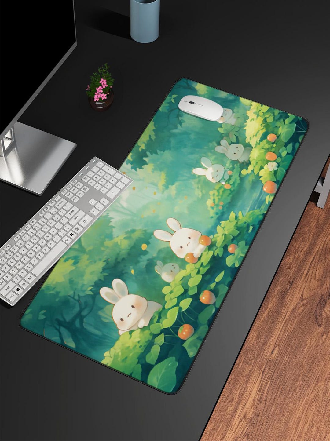 Bunny Desk Mat, Cute Bunny in Forest Desk Pad, Rabbit Lover Desk ...