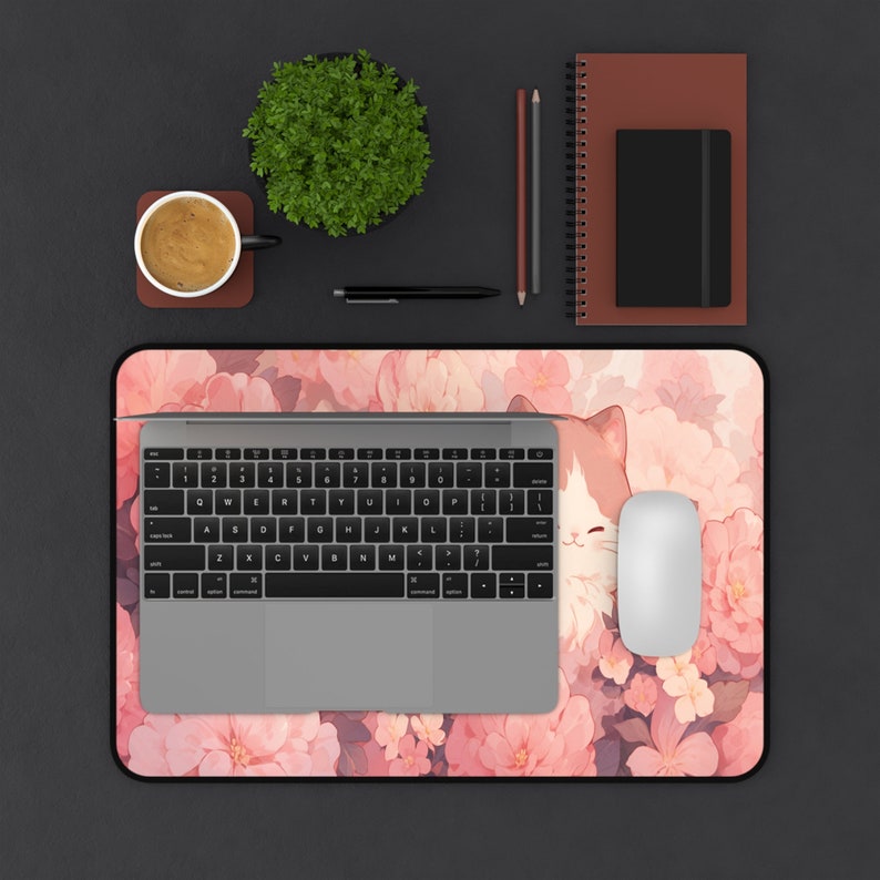 Cute Gaming Mousepad, Kawaii Large Desk Mat, Cat With Camellia Mouse ...
