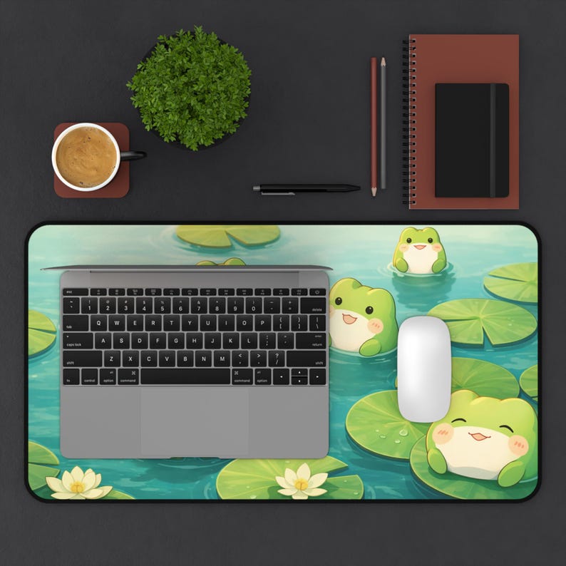 Kawaii Frogs Desk Mat, Desk Mat Aesthetic, Green Pastel Color Mouse Pad ...