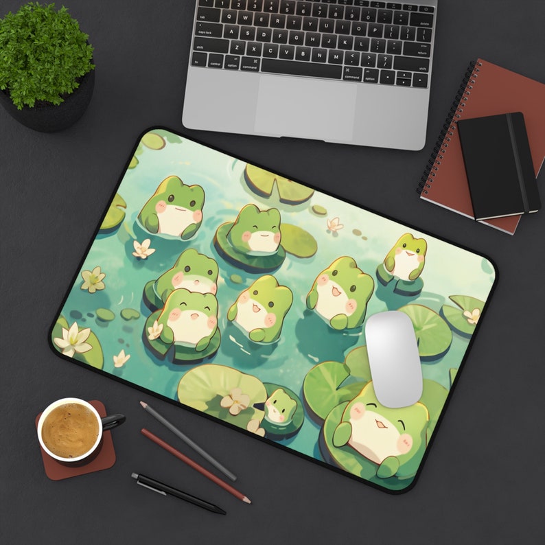 Kawaii Frogs Desk Mat, Desk Mat Aesthetic, Green Pastel Color Mouse Pad ...