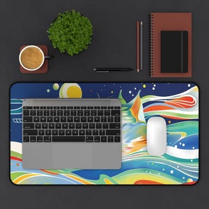 Kawaii Blue Theme Desk Mat, Anime Cat Aesthetic Drawing Desk Mat ...