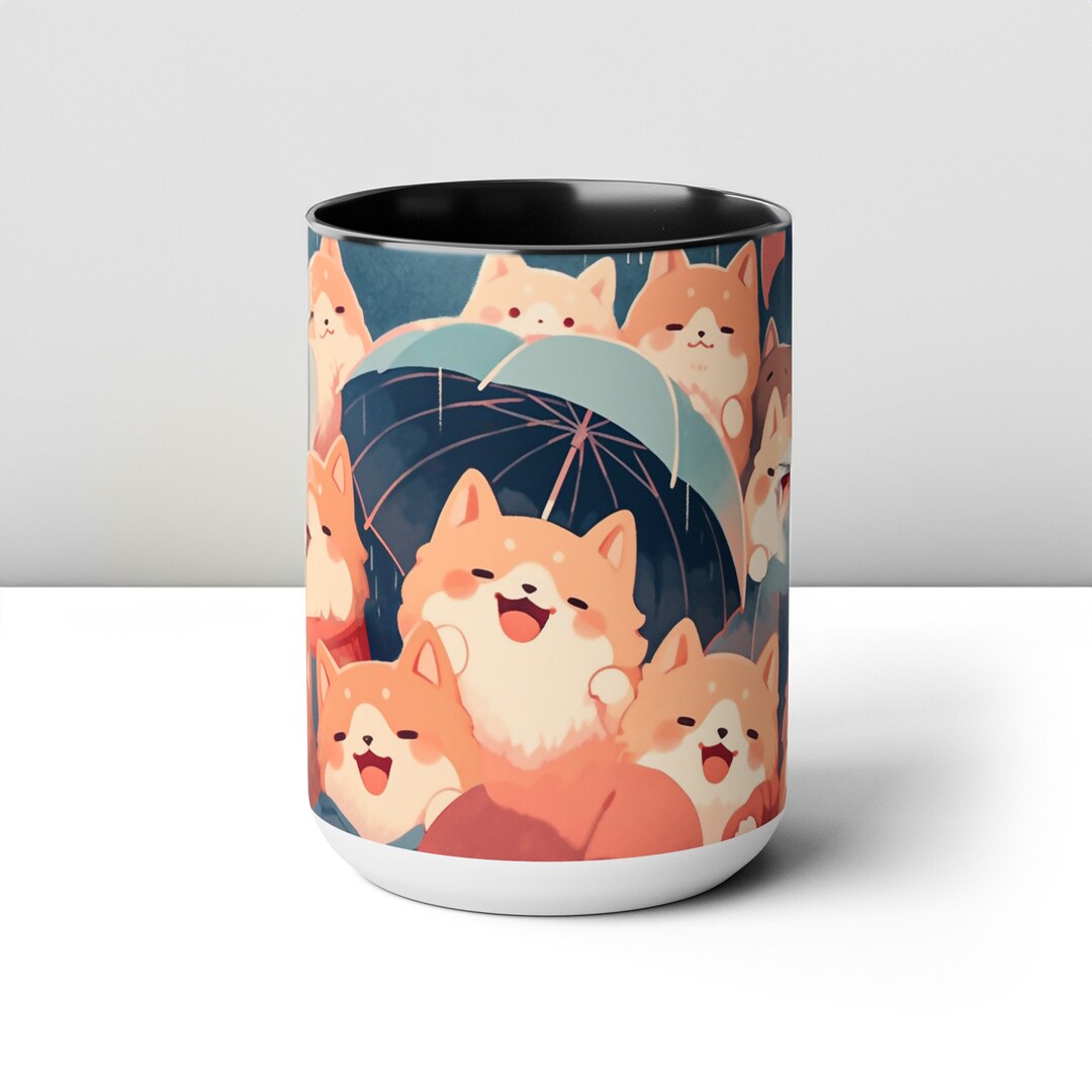 Kawaii Dog Mug 15oz, Cute Mug Aesthetic, Cute Kawaii Dogs in the Rain ...