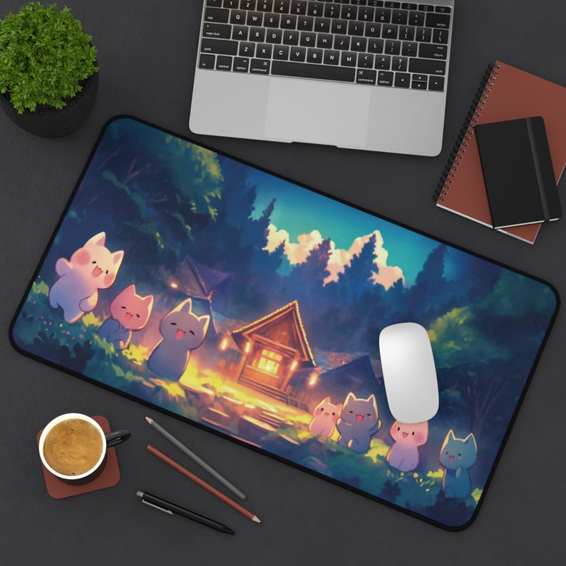 Cat Desk Mat, Cute Cat Desk Mat, Kawaii Night Cats Village, Office Desk ...