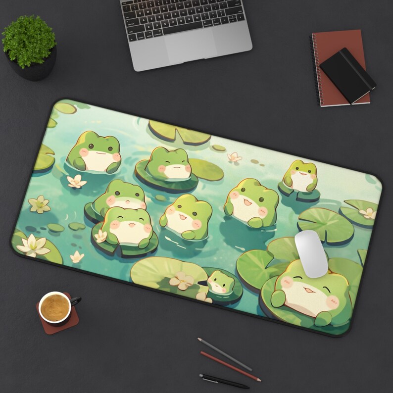 Kawaii Frogs Desk Mat, Desk Mat Aesthetic, Green Pastel Color Mouse Pad ...