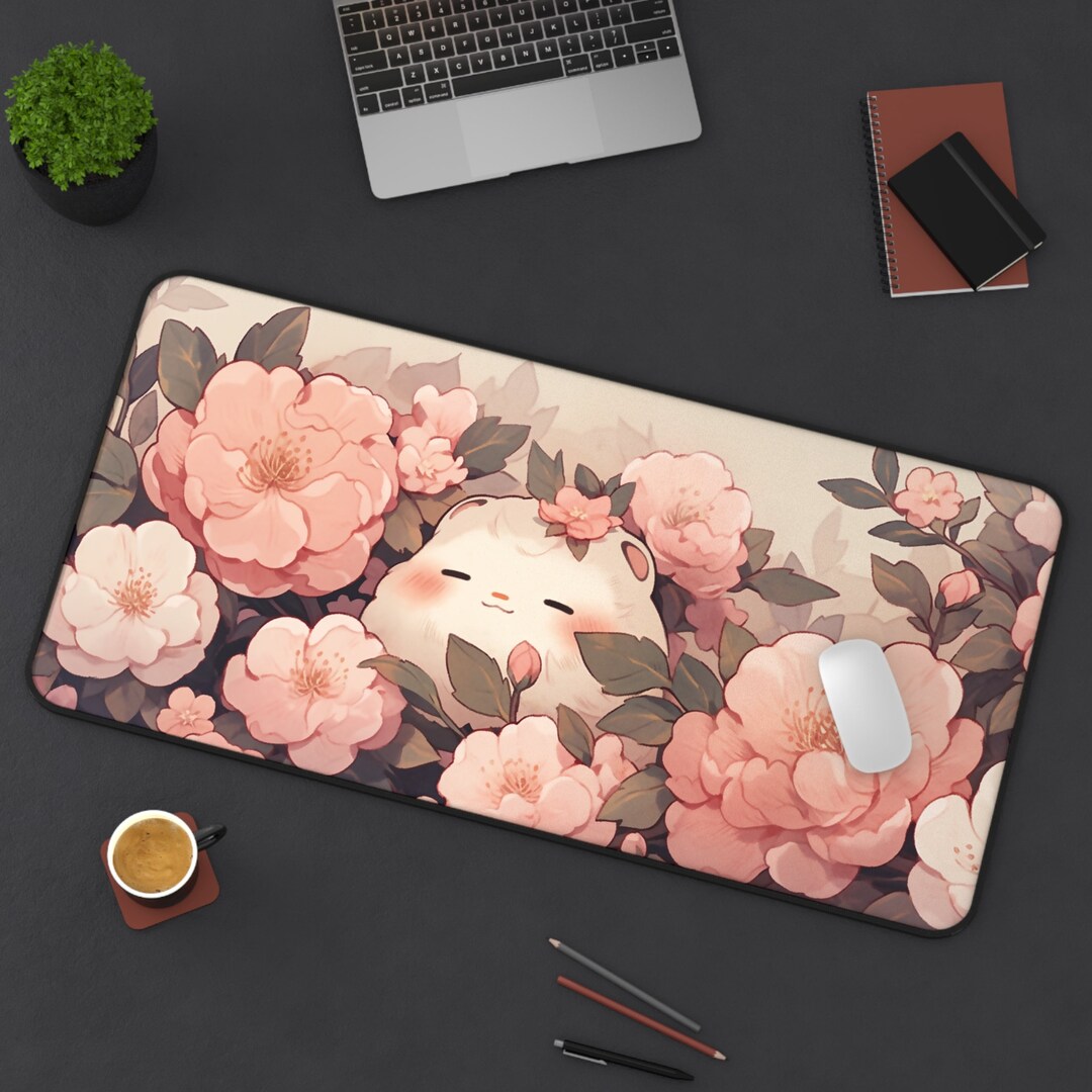 Desk Mat Aesthetic, Cute Animals Mouse Pad, Cute Kawaii Pink Peony ...
