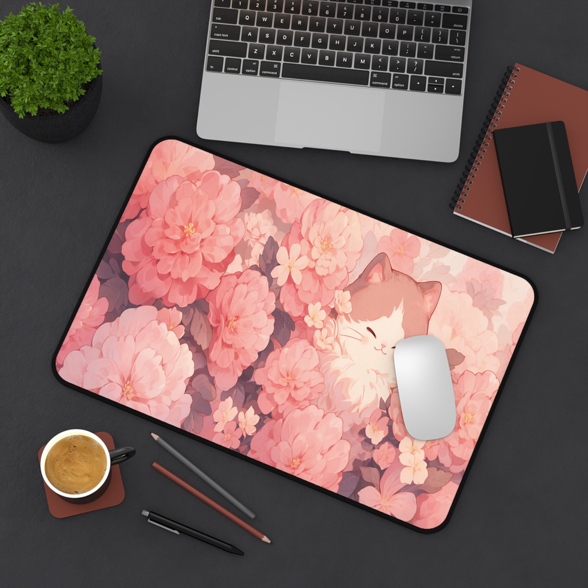 Cute Gaming Mousepad, Kawaii Large Desk Mat, Cat With Camellia Mouse ...
