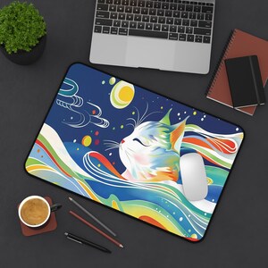 Kawaii Blue Theme Desk Mat, Anime Cat Aesthetic Drawing Desk Mat ...