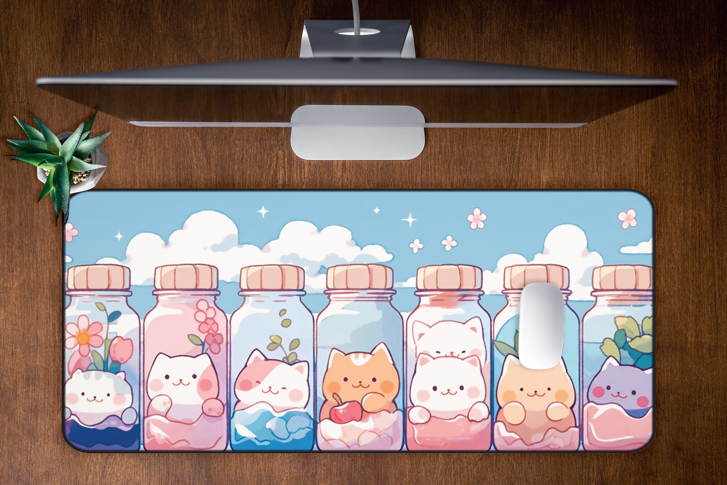 Kawaii Pastel Blue Desk Mat, Cute Cat Large Mouse Pad, Cute Kawaii, Cat ...
