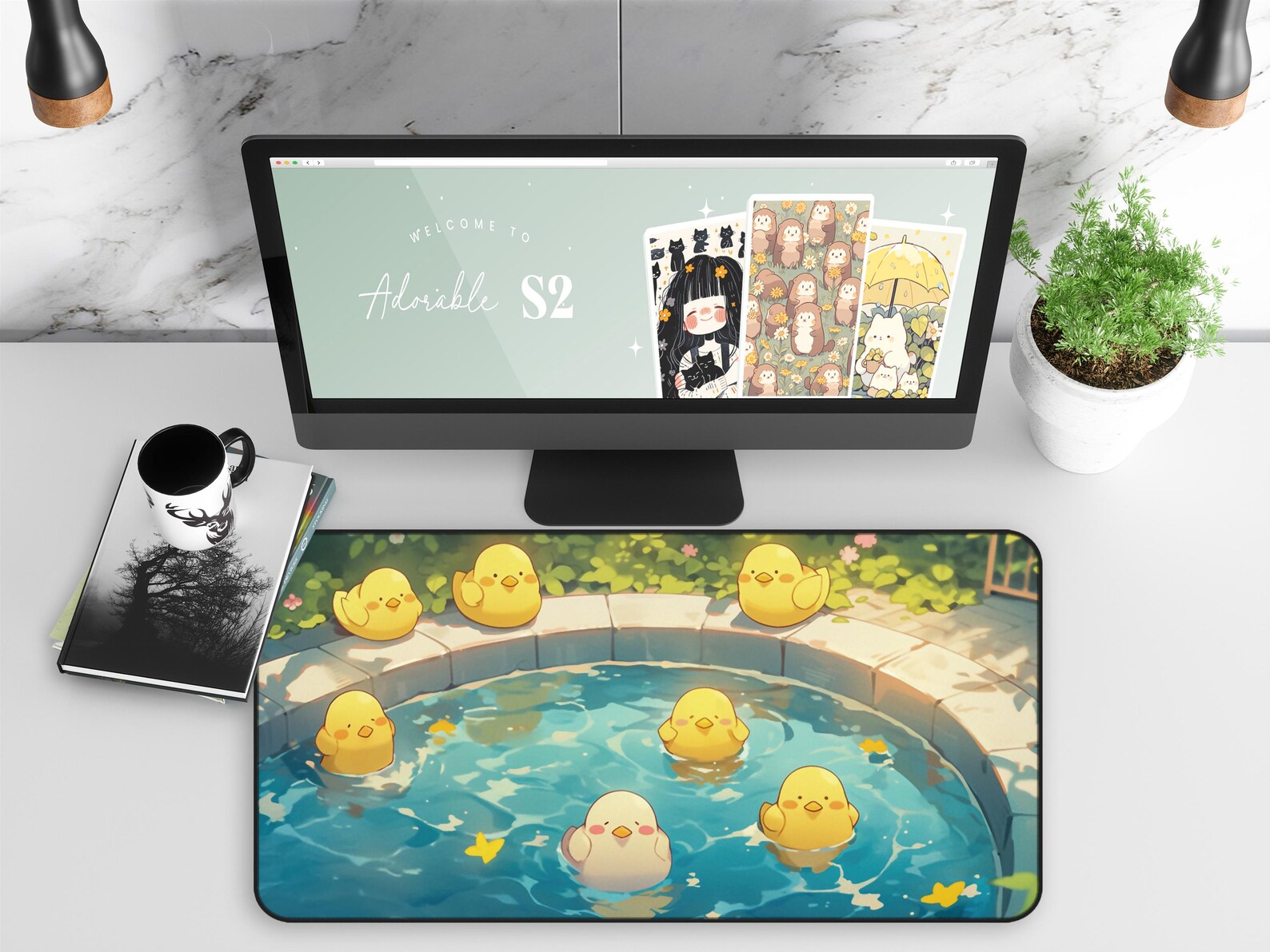 Duck Desk Mat, Cute Ducks Playing Around, Office Mouse Pad, Gaming Desk ...