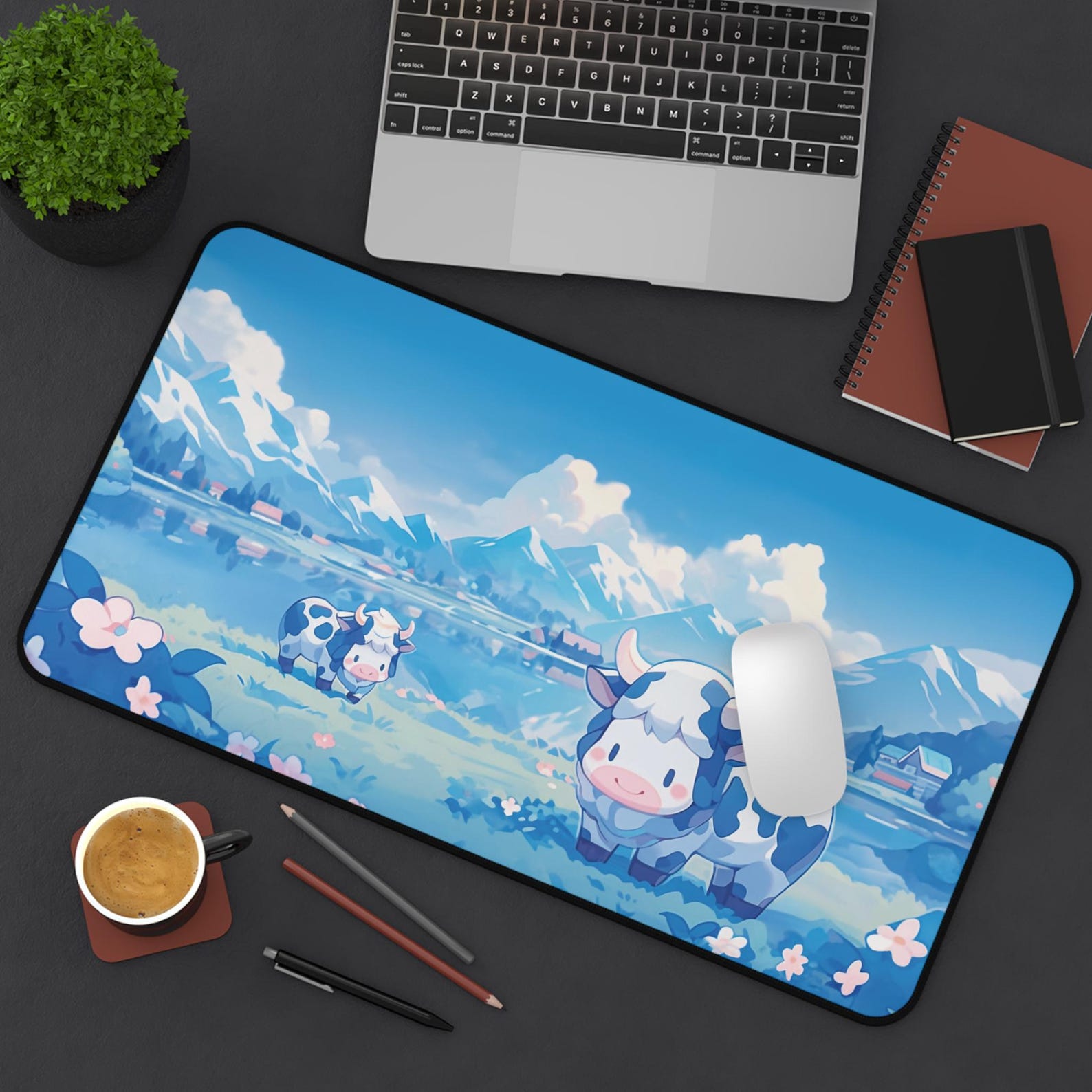 Kawaii Gaming Desk Mat, Cute Anime Cow Mouse Pad, Kawaii Anime Blue ...