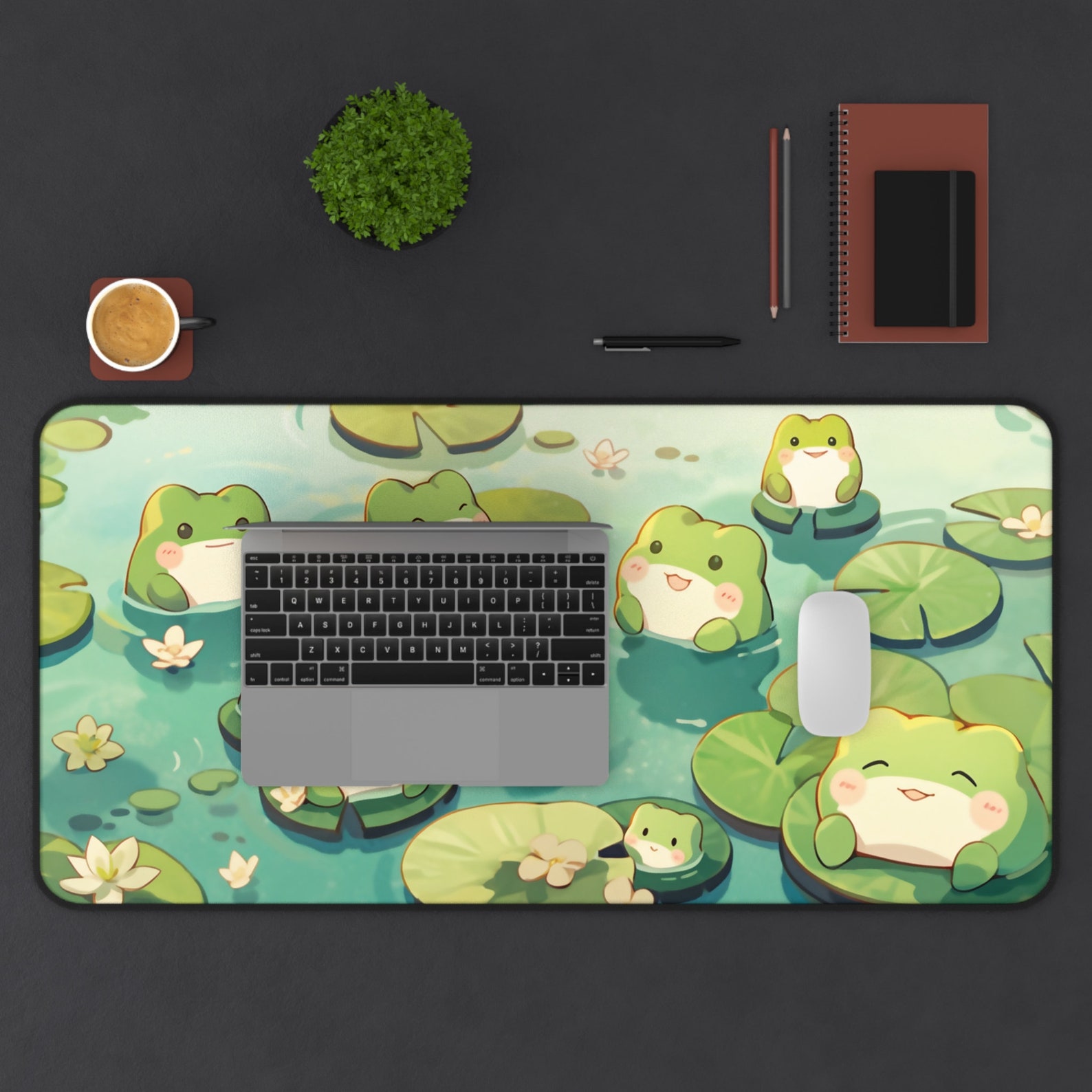 Kawaii Frogs Desk Mat, Desk Mat Aesthetic, Green Pastel Color Mouse Pad ...
