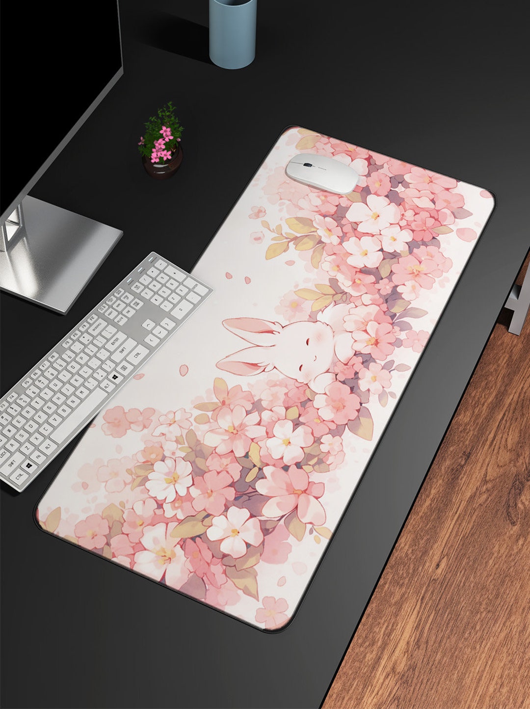 Kawaii Bunny Desk Mat, Cute Anime Bunny Rabbit With Cherry Blossoms ...
