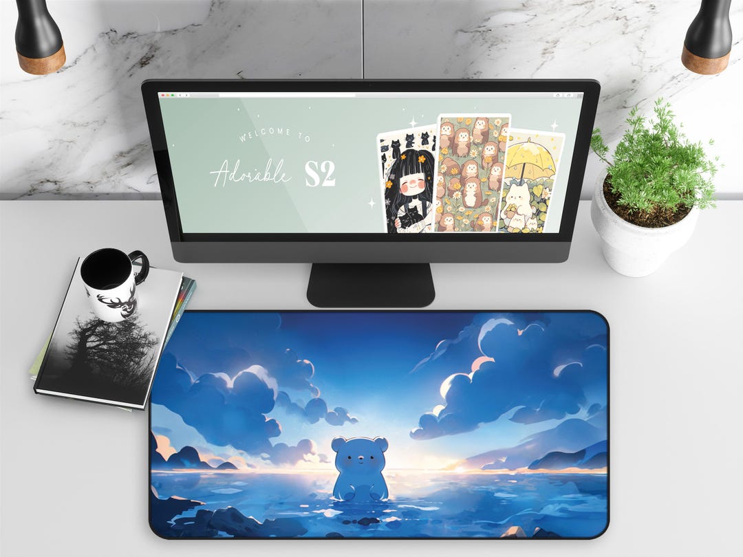 Blue Ocean Desk Mat: Kawaii Anime Bear, Cloud Design - Etsy