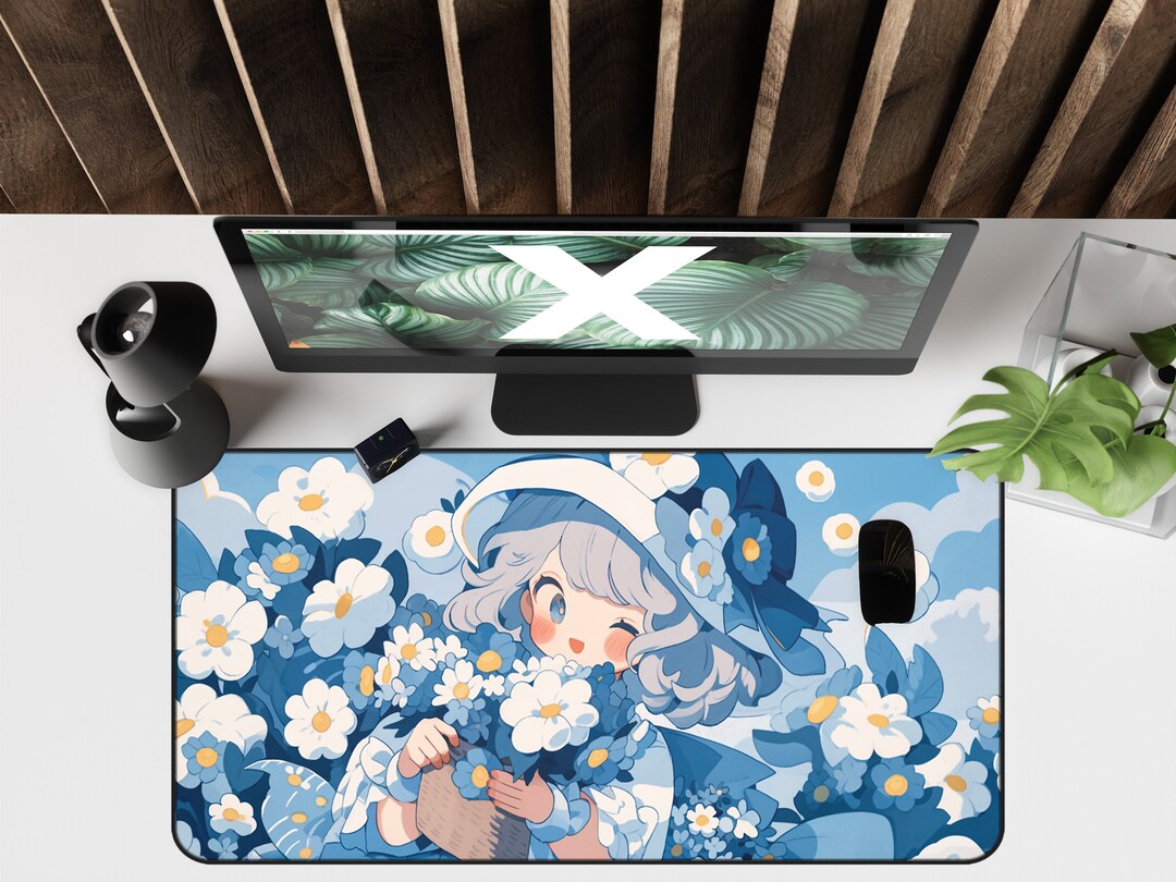 Anmie Girl Desk Mat, Blue Desk Mat, Cute Gamer Girl Desk Accessories ...
